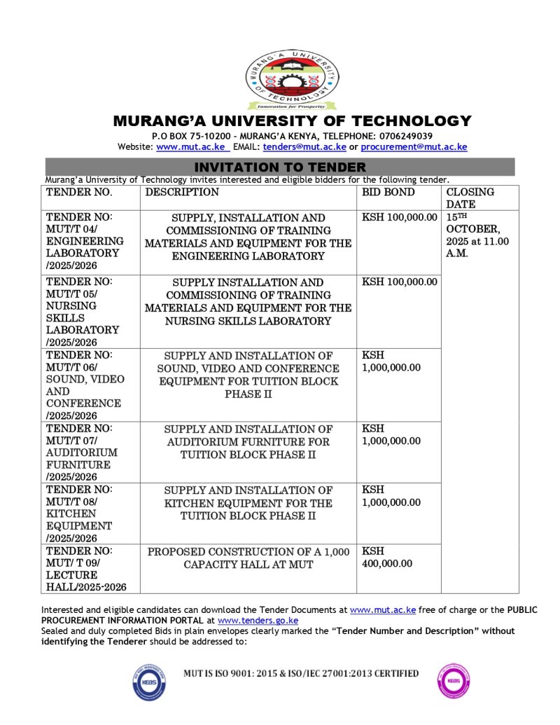 Tender Advert and Tender Documents - Murang'a University of Technology